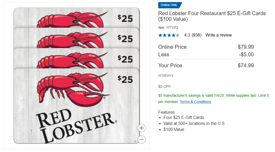 [EXPIRED] Costco.com: 25% Off $100 Value Red Lobster Gift Cards ...